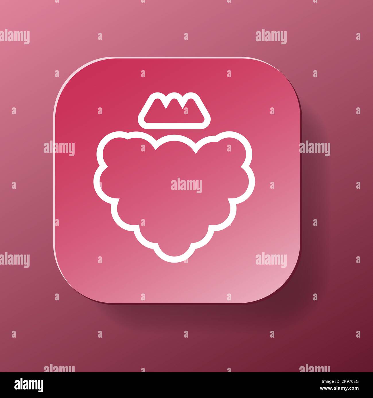 Raspberry fruit square button icon, white outline berry on maroon plate ...