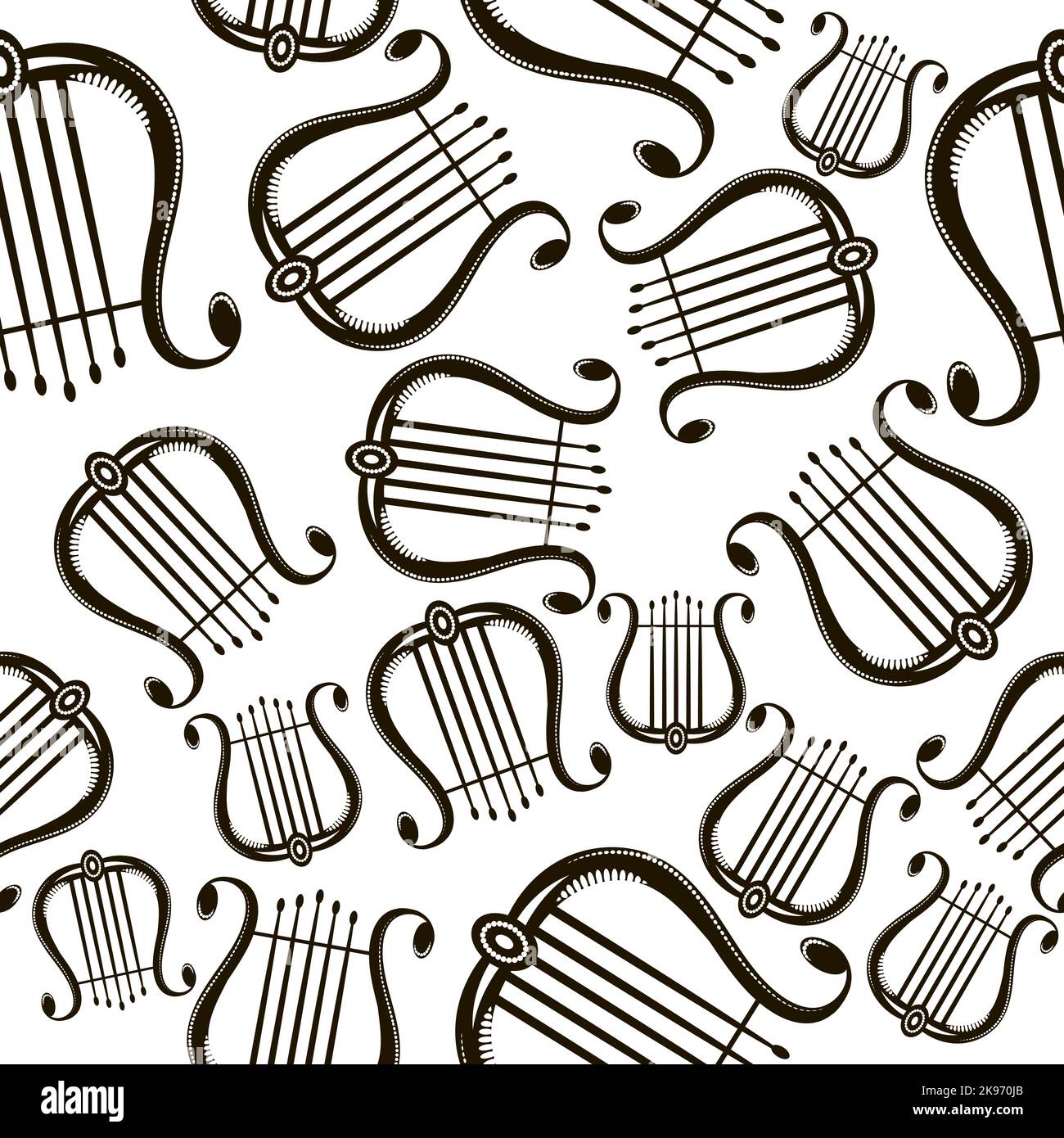 Retro Greek lyre with strings. Musical instrument icon seamless pattern ...