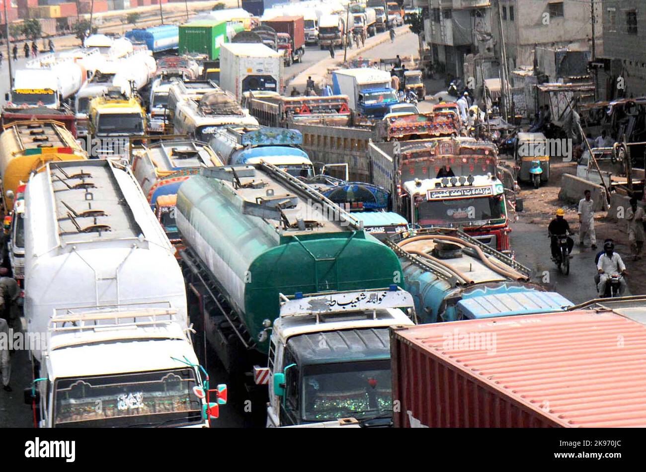 Hyderabad, Pakistan, October 26, 2022, A large number of vehicles stuck ...