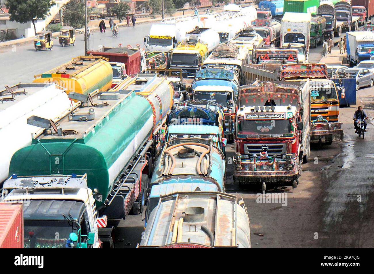 Hyderabad, Pakistan, October 26, 2022, A large number of vehicles stuck ...