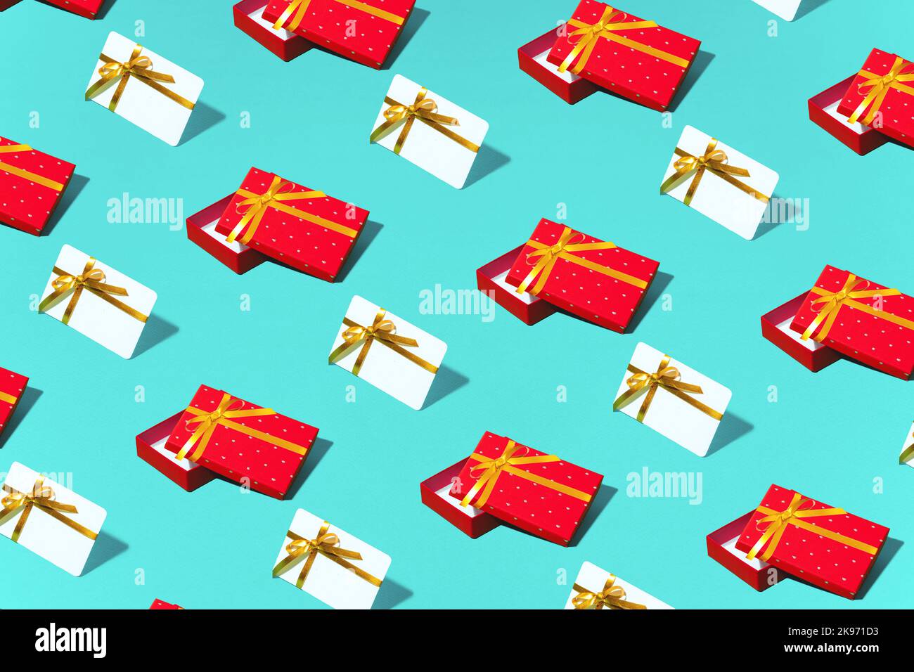 Festive Pattern of boxes, gifts, bonus cards, gift certificates, blue ...