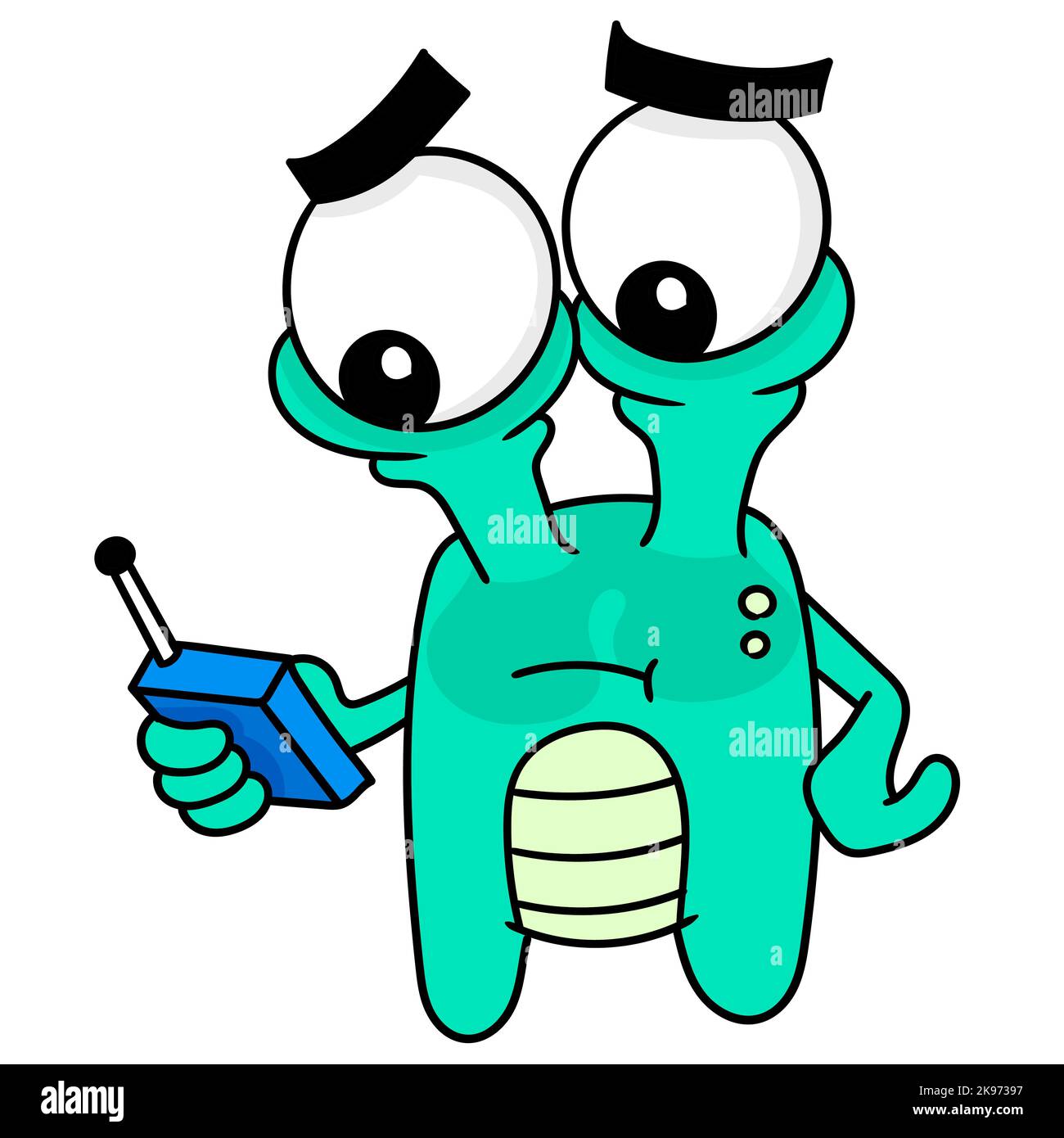 A cute cartoon alien holding remote control on a white background Stock ...