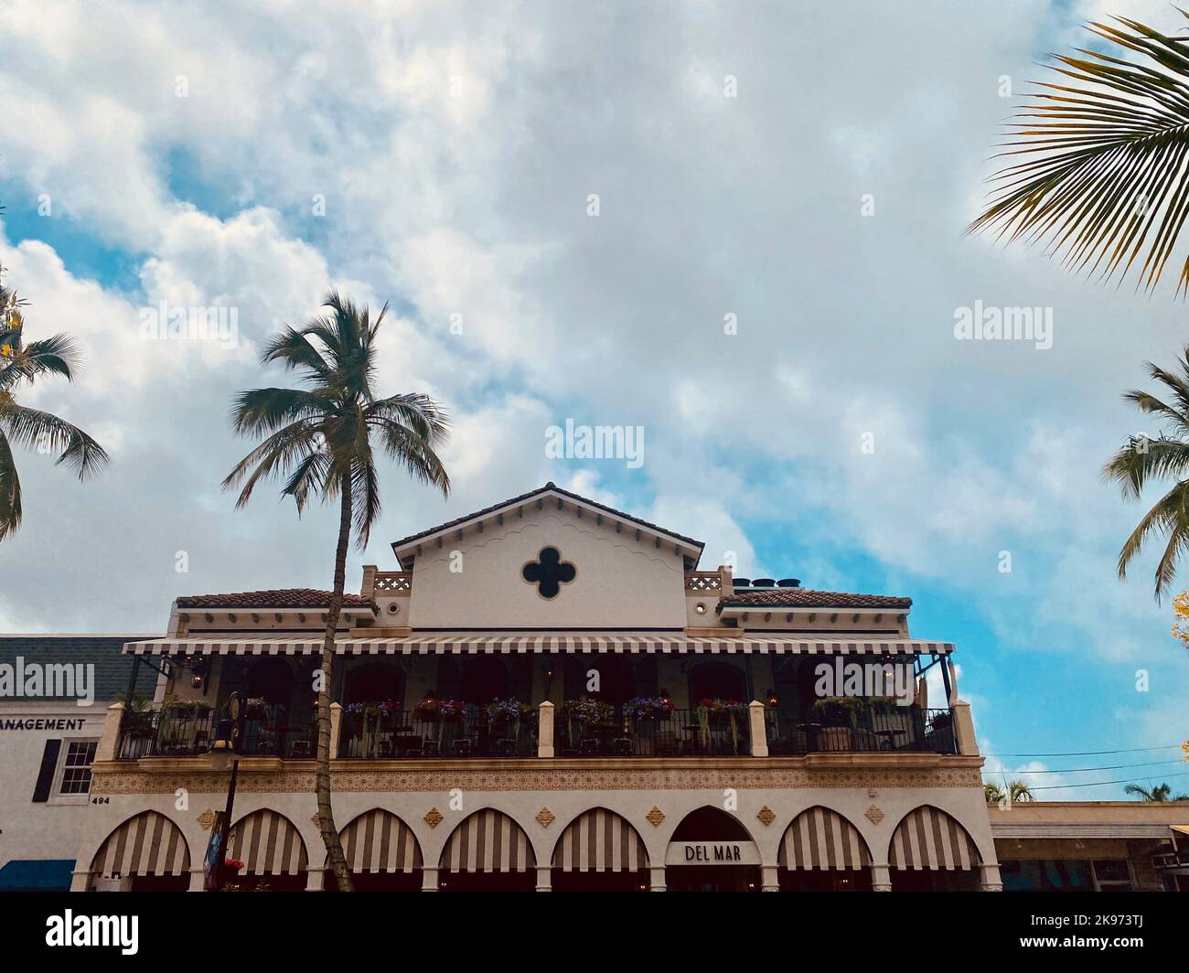 The beautiful white building of Del Mar Naples and palm trees against ...