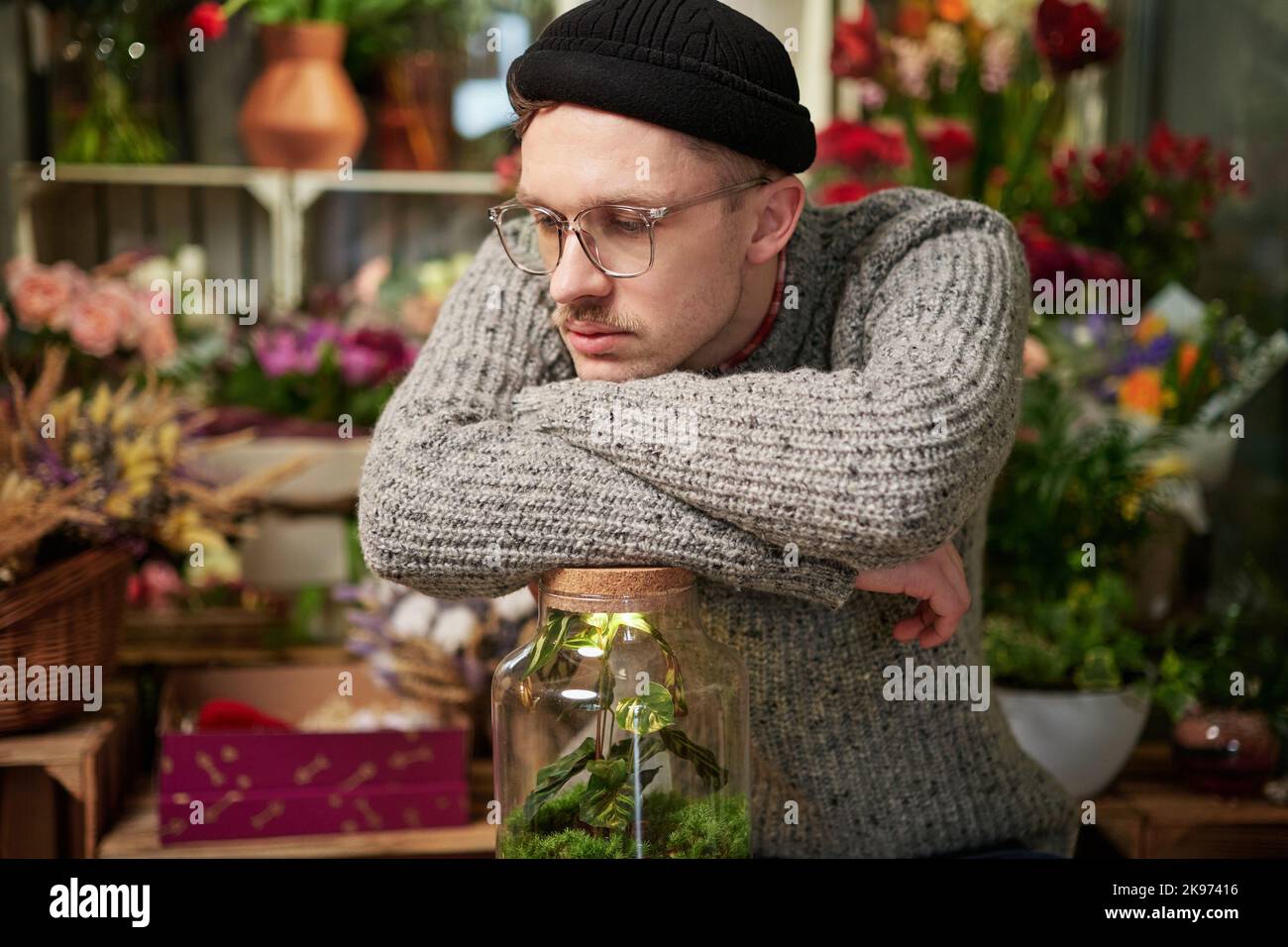 Exhausted small business owner concept. Cute male hipster caucasian ...