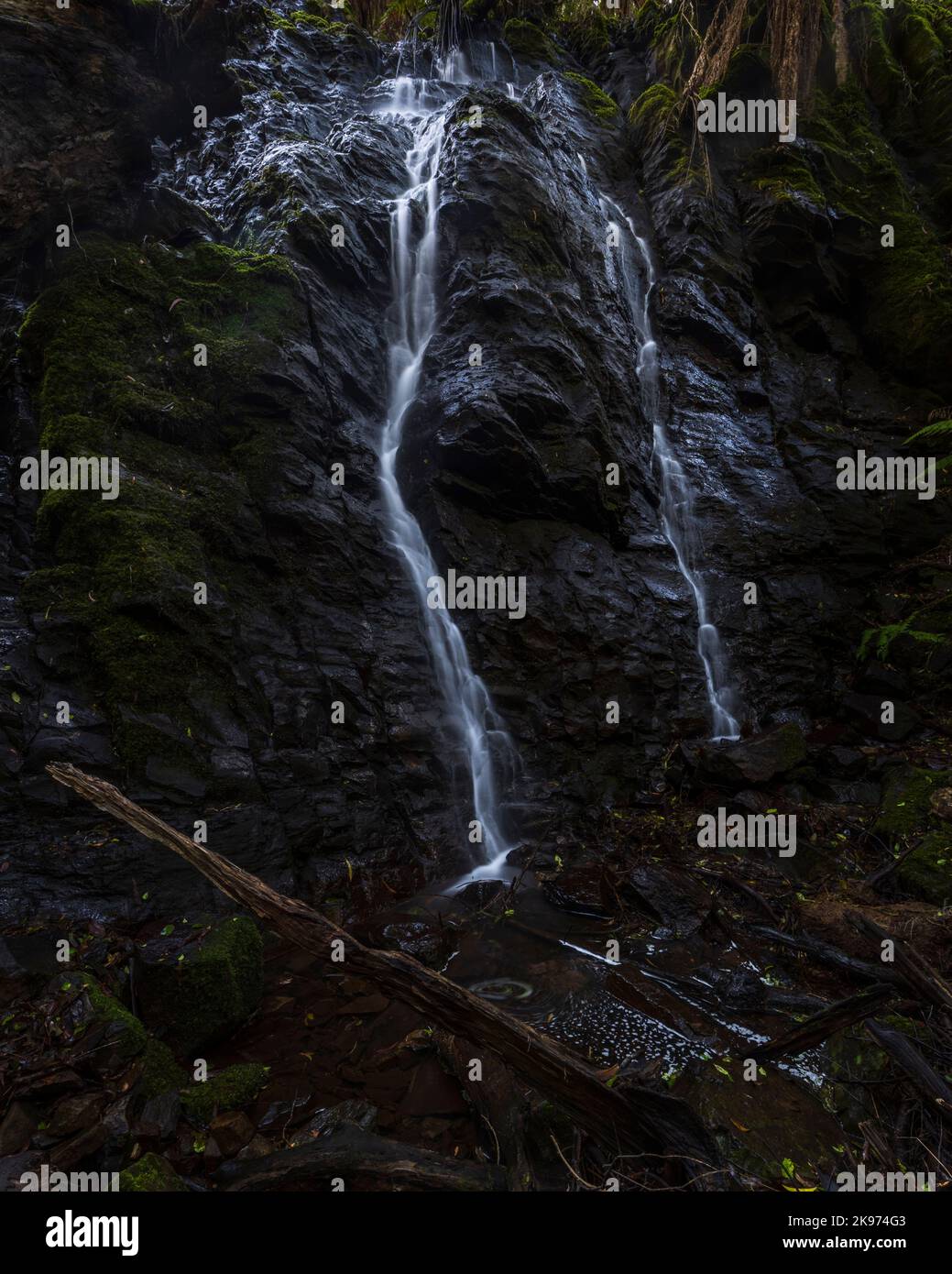 A vertical shot of a waterfall stream surrounded by moss Stock Photo ...