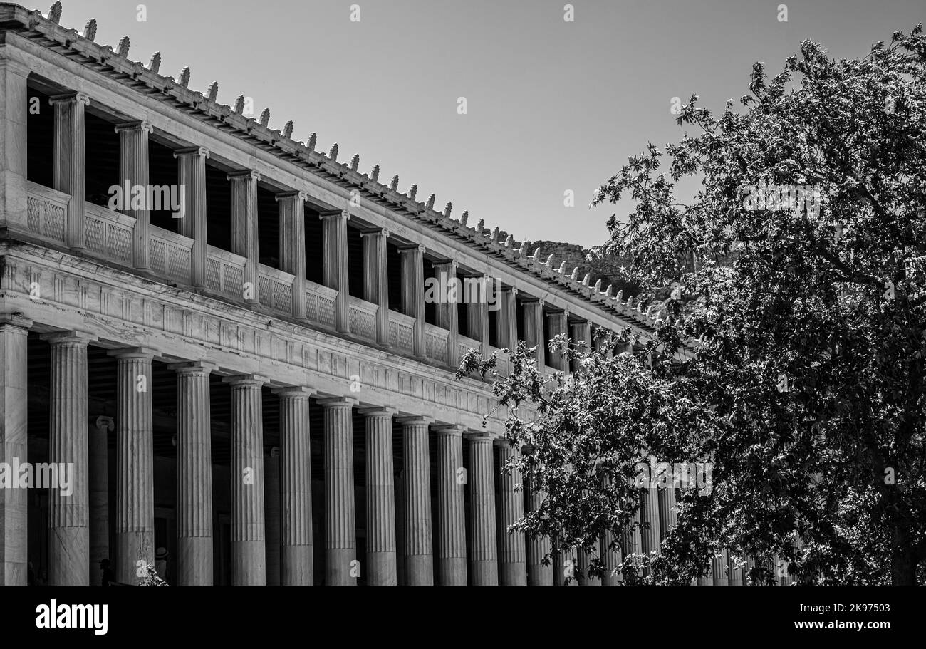 A scenic grayscale of the columns of Stoa of Attalos under the ...