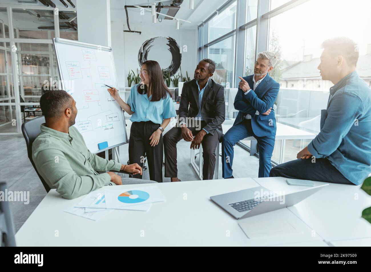 Female business coach or speaker make flip chart presentation to ...