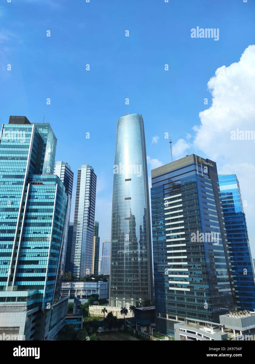 A vertical shot of tall skyscrapers with blue glass walls under a ...