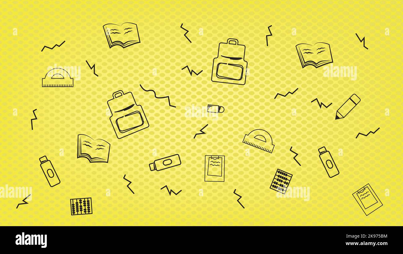 A yellow background vector with stationary items drawn in black Stock ...