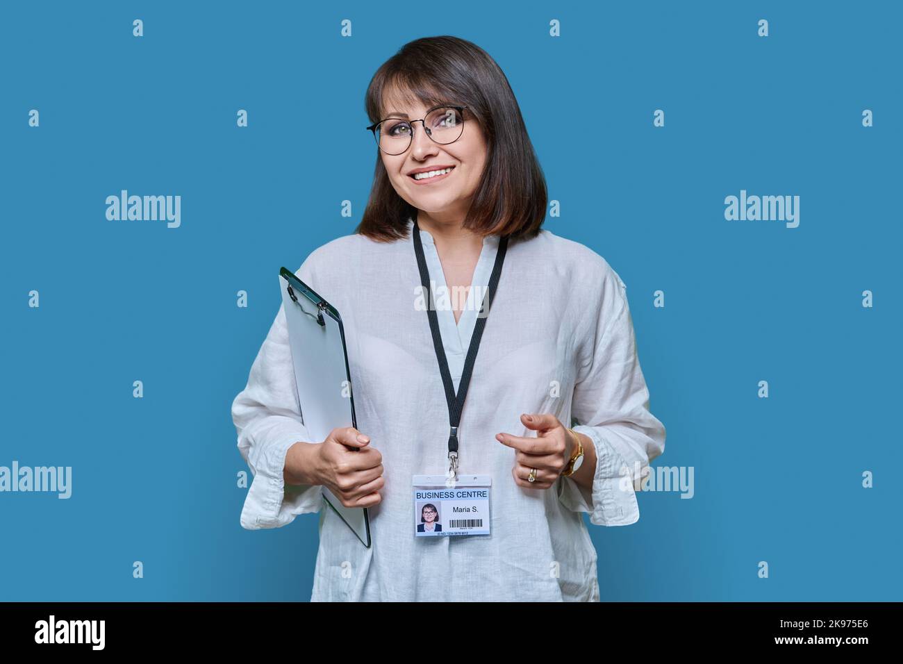 Business woman with clipboard and business center id card, blue ...