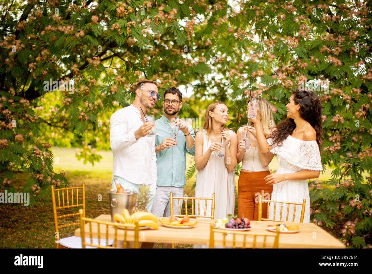 Group of young people cheering with fresh lemonade and eating fruits in ...