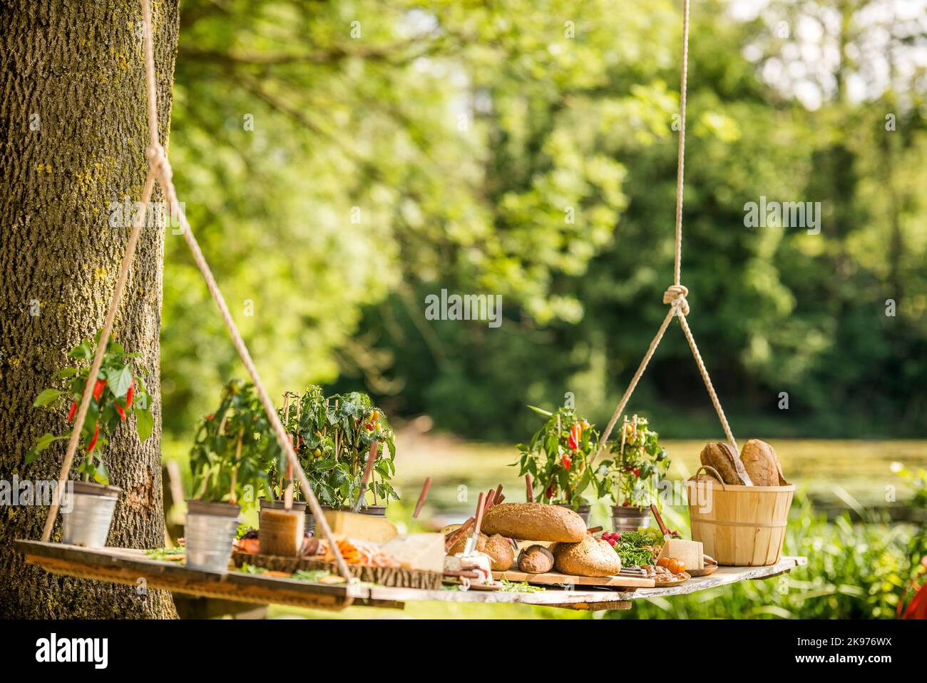 A picnic table hanging from a tree with bread, cheese, and dishes, in a ...