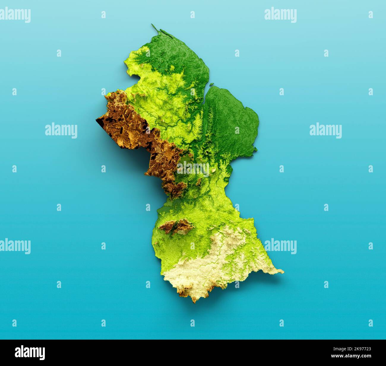 Guyana Map Shaded relief Color Height map on the sea Blue Background 3d ...