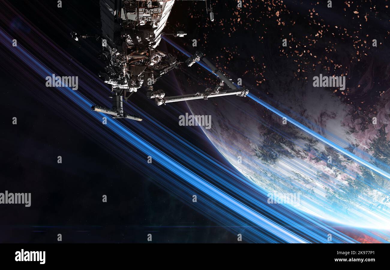 Space station in orbit of deep space planet Stock Photo - Alamy