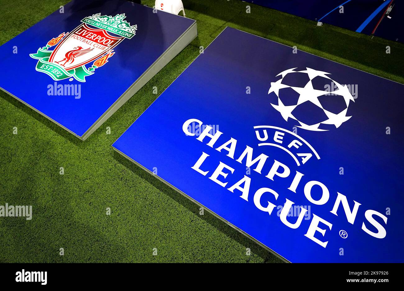A general view of the Liverpool club crest next to UEFA Champions ...