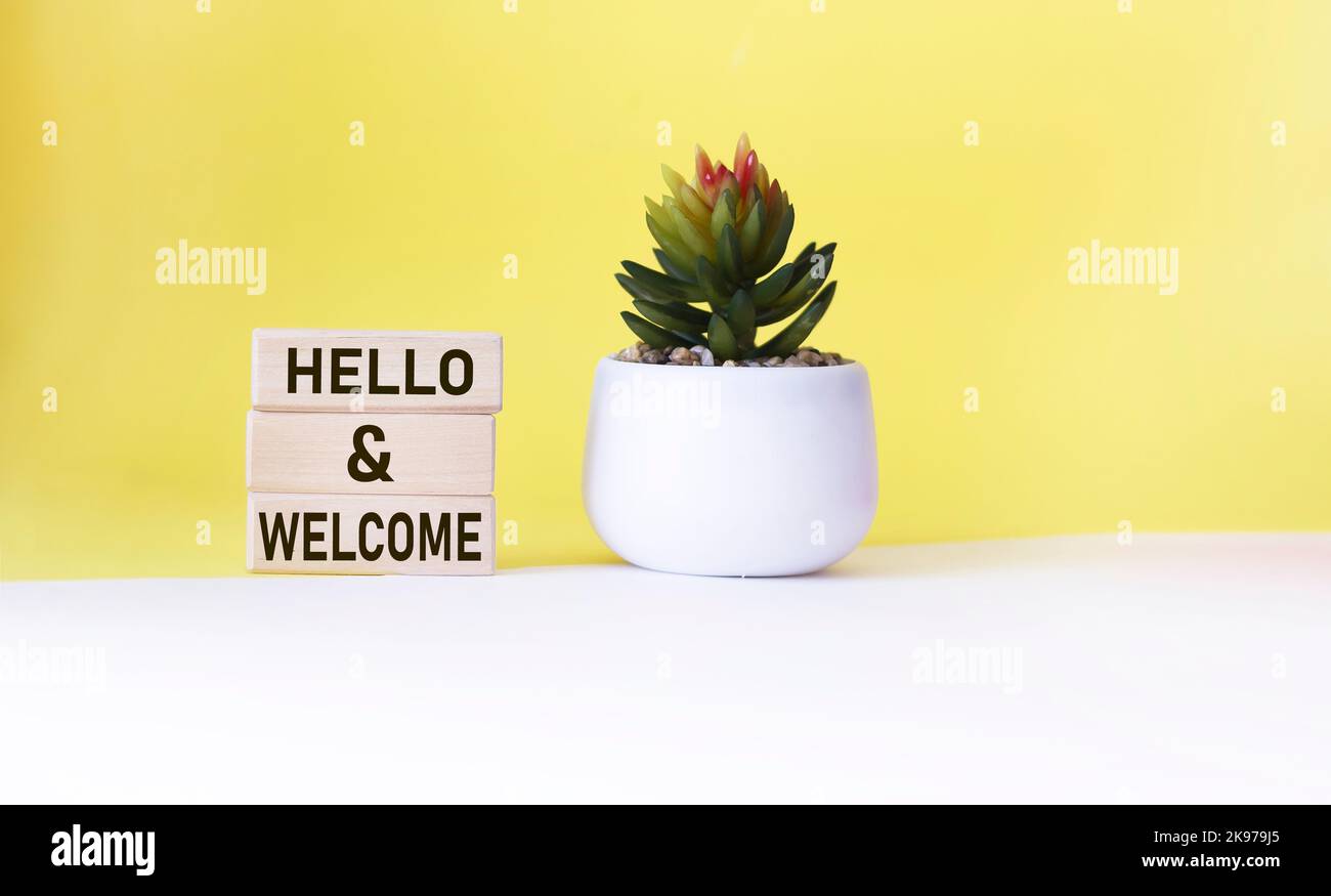 Hello and welcome symbol. Concept words Hello and welcome on wooden ...