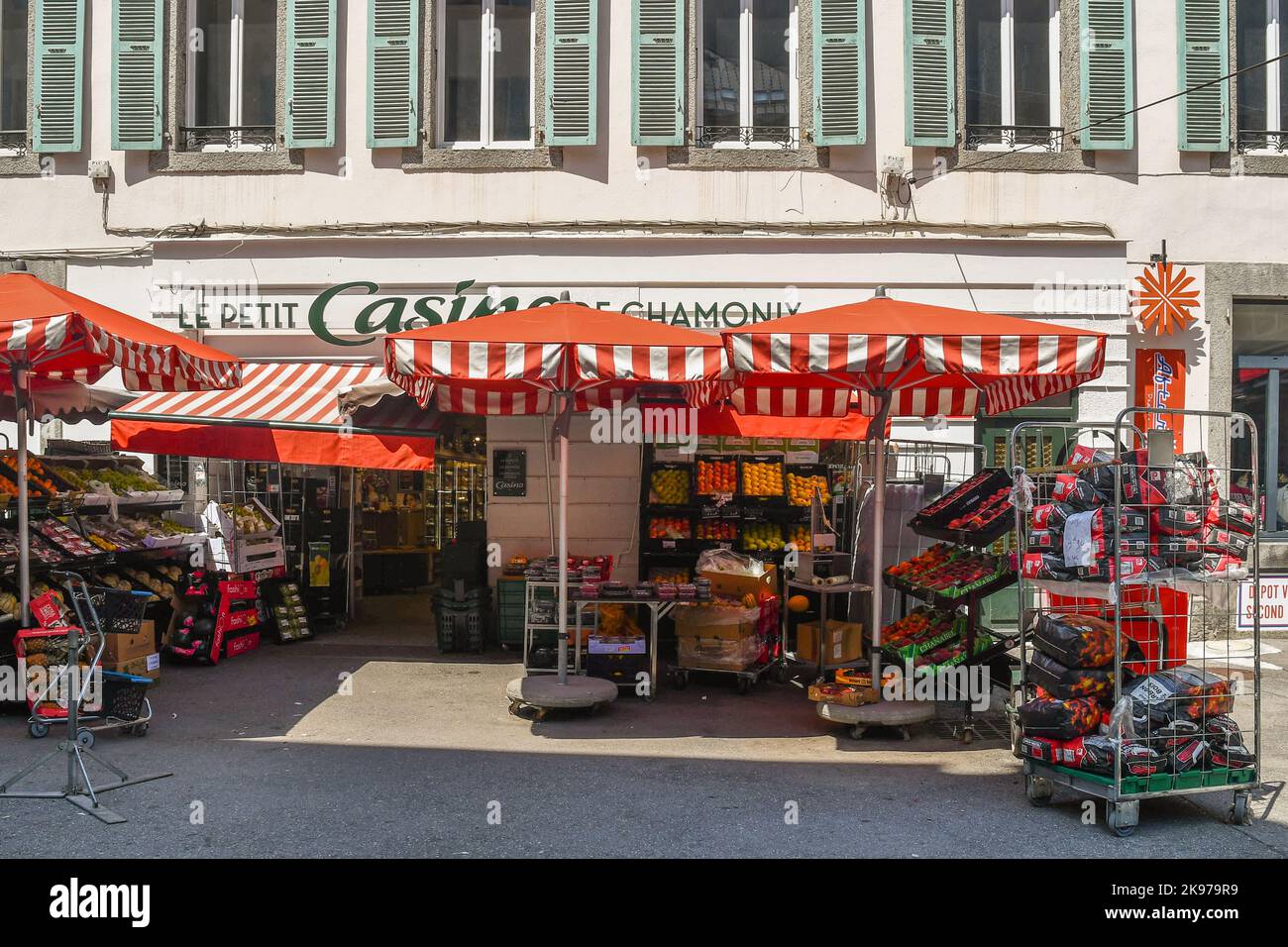Exterior of a small supermarket in the centre of Chamonix with fresh ...