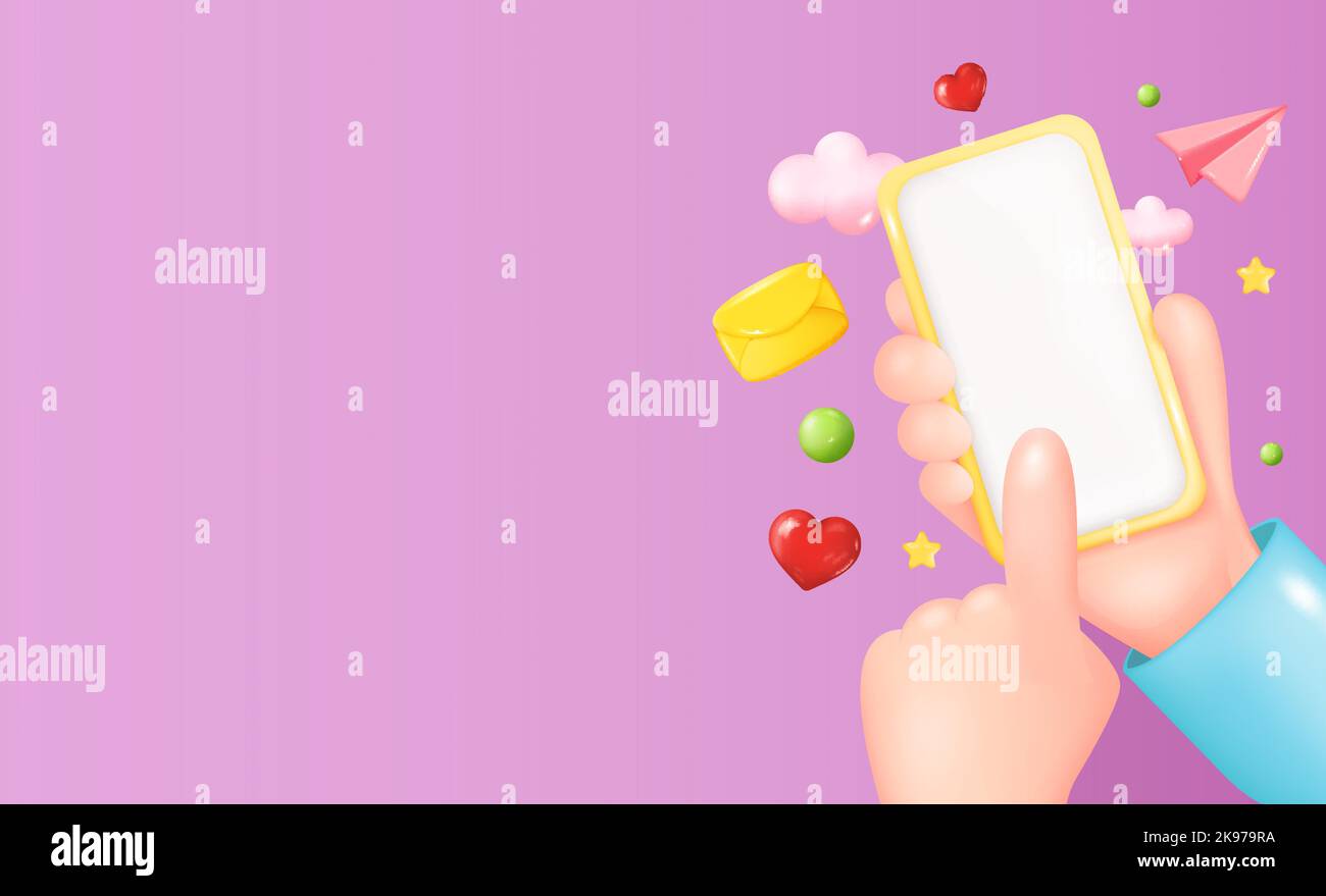 3D Hands Holding Gold Smartphone Banner. Cartoon Device Mockup. Man ...