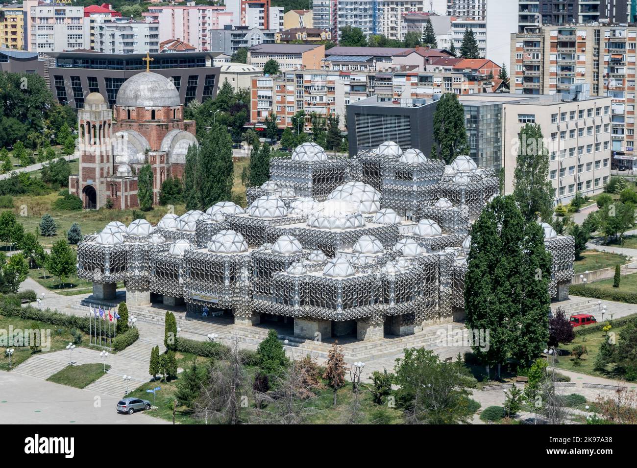 Elevated view of National Library of Kosovo, in Pristina, built in ...