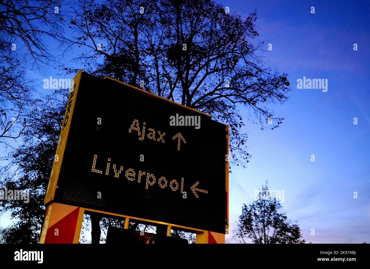 A sign directs fans to the stadium ahead of the UEFA Champions League ...