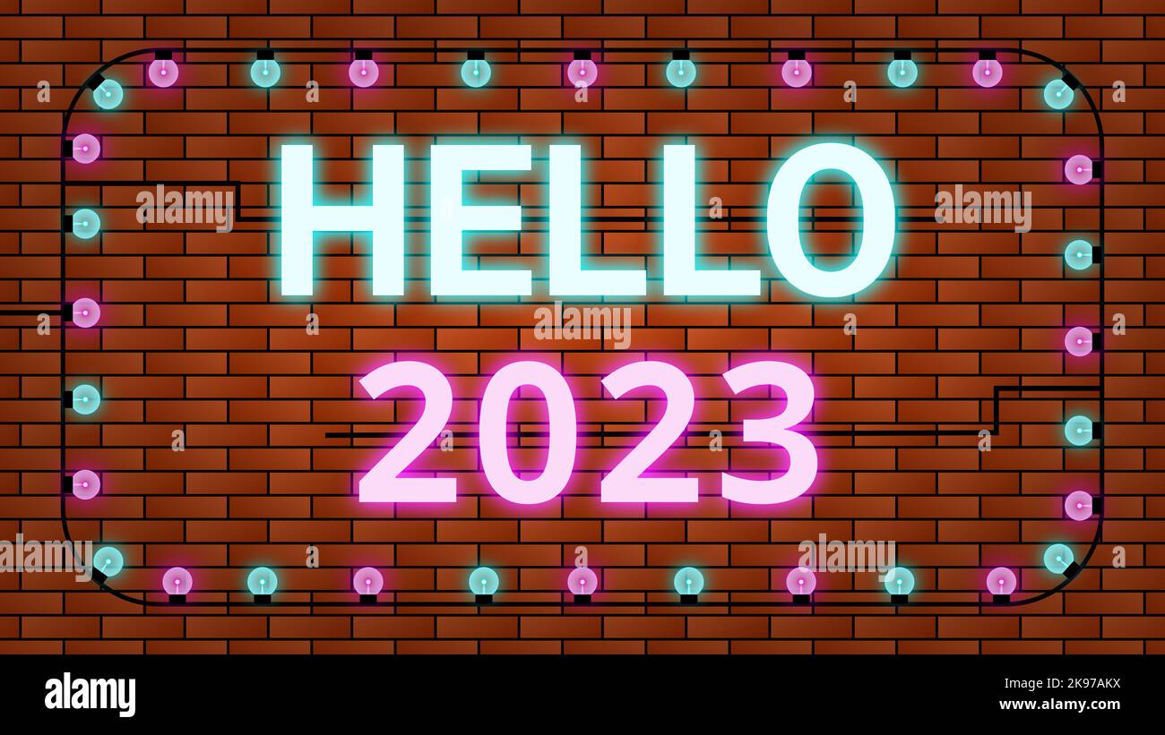 hello 2023 illustration in blue and pink colour with bulbs isolated on ...