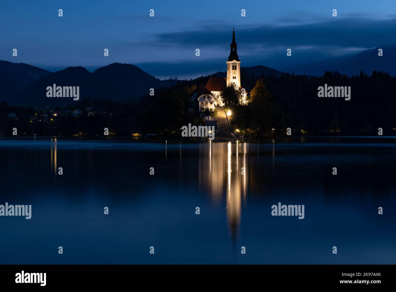 Church of the Assumption of Mary, Lake Bled, blue hour photo, dusk ...