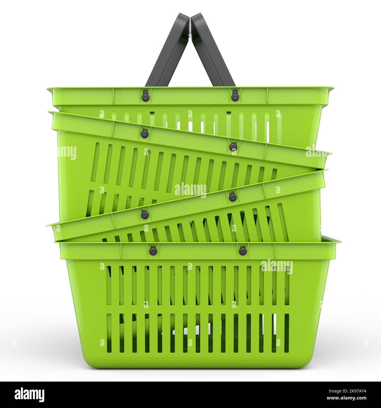 Stack of plastic shopping basket from supermarket on white background ...