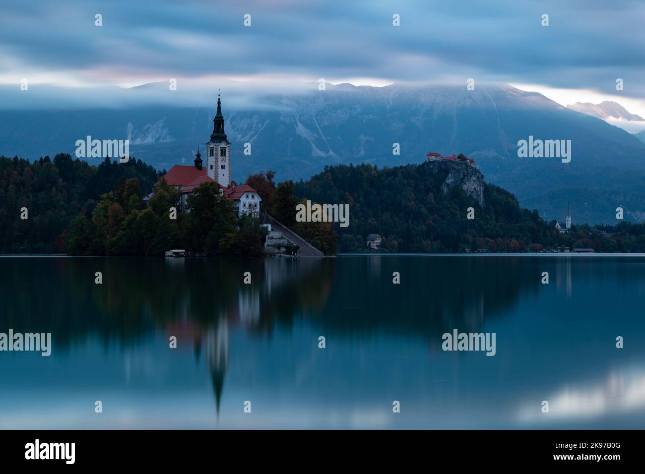 Church of the Assumption of Mary, Lake Bled, blue hour photo, dusk ...