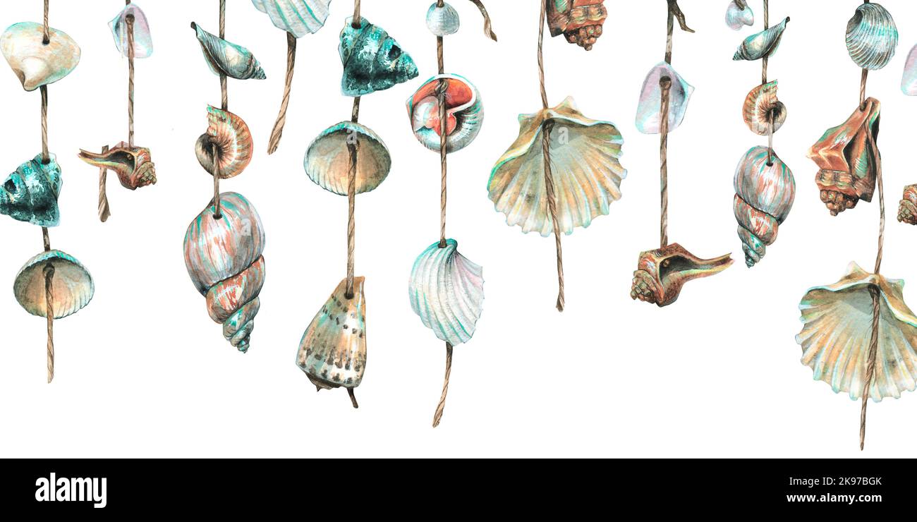 A frame with various shells hanging on ropes. Watercolor illustration ...
