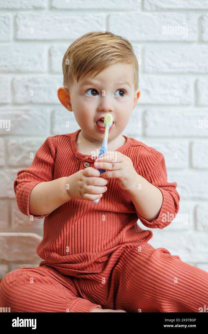 A small child learns to brush his teeth with a toothbrush. Dental ...