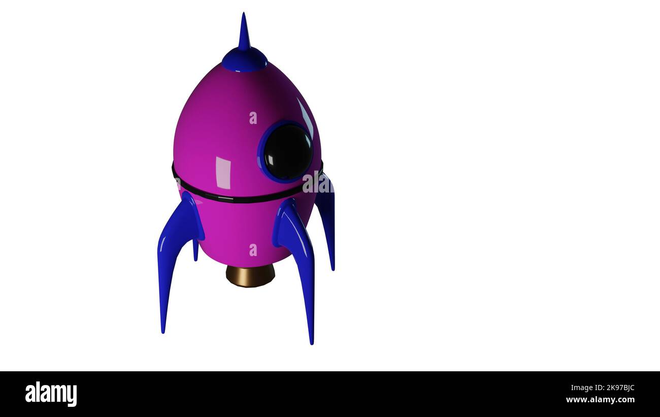 A 3d rendered image of a cartoon style space rocket in pink and blue ...
