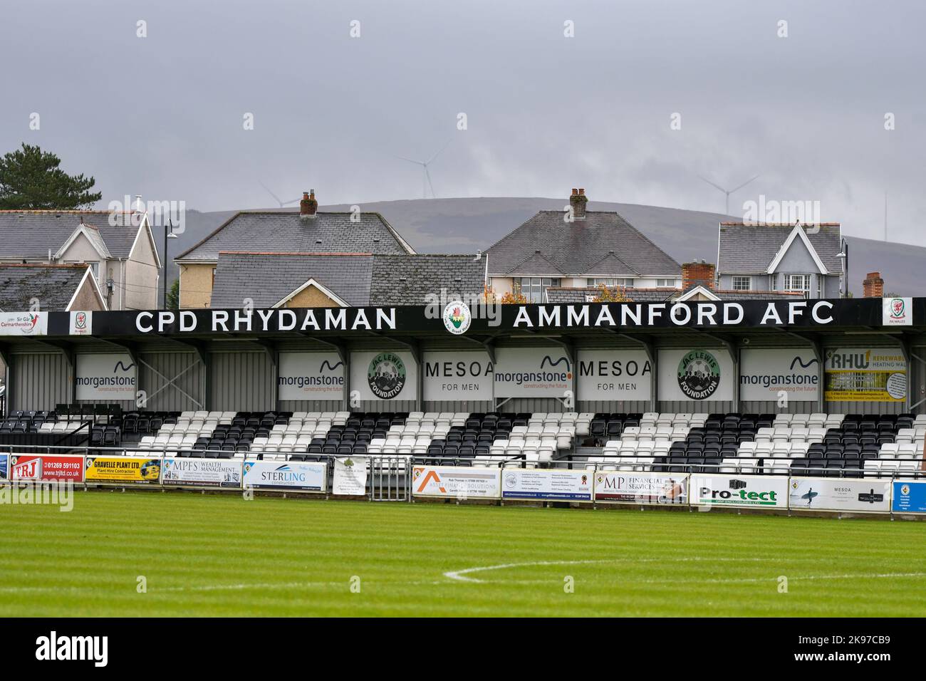 Ammanford, Wales. 22 October 2022. The main stand at Ammanford AFC ...