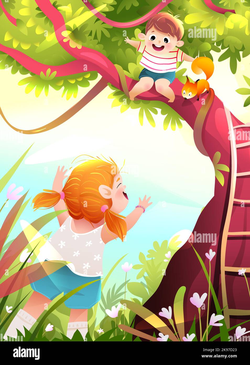 Boy girl climbing tree Stock Vector Images - Alamy