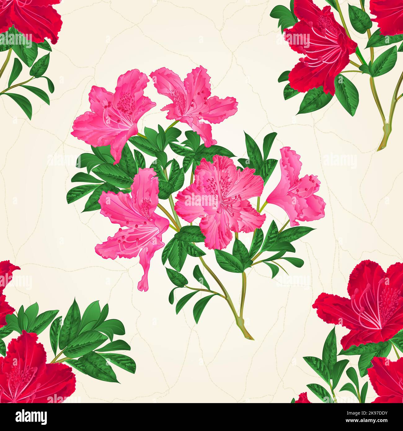 Seamless texture red and pink rhododendron twig mountain shrub vintage ...