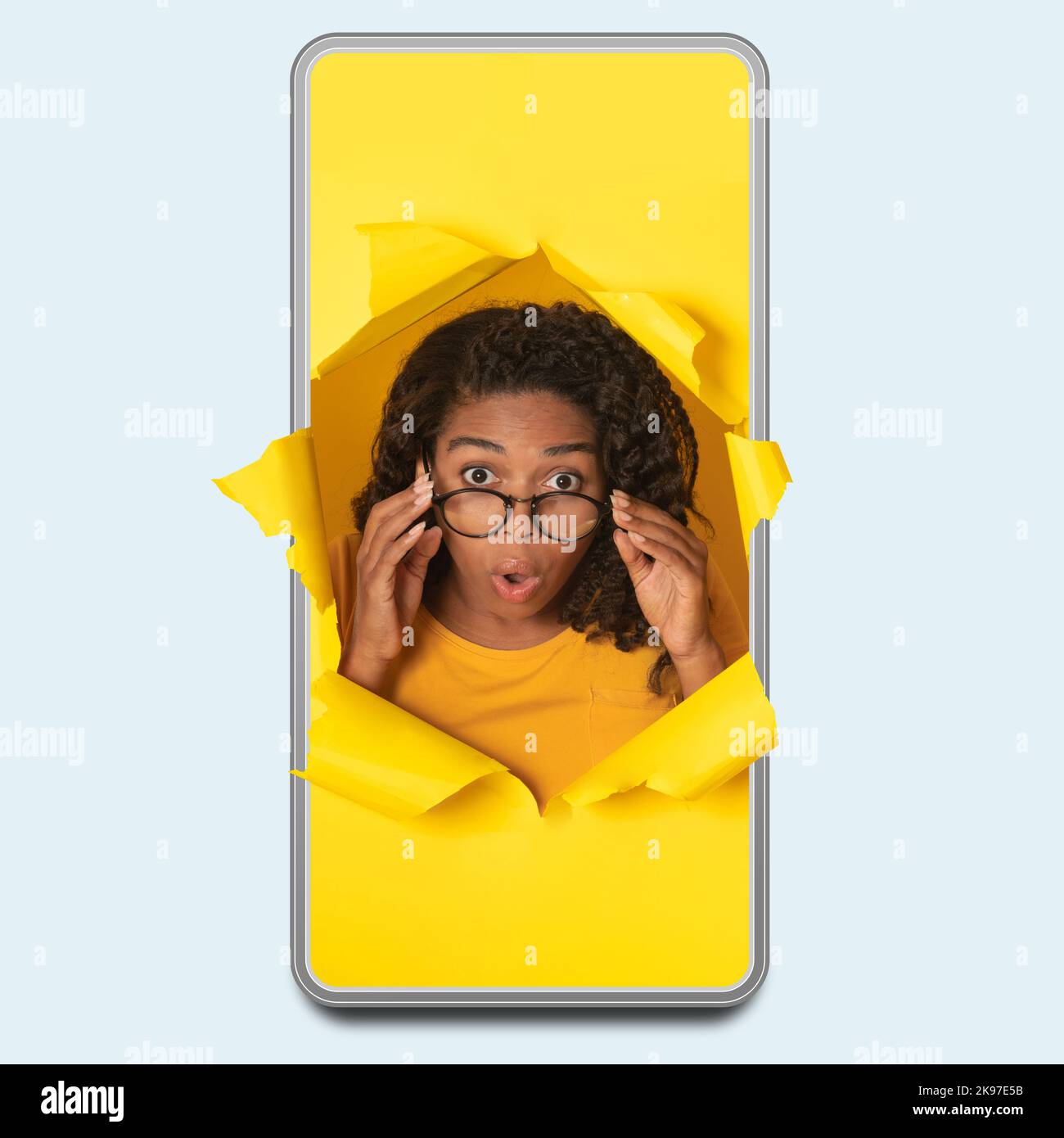 Shocked Black Lady In Smartphone Screen Posing On Blue Background Stock ...