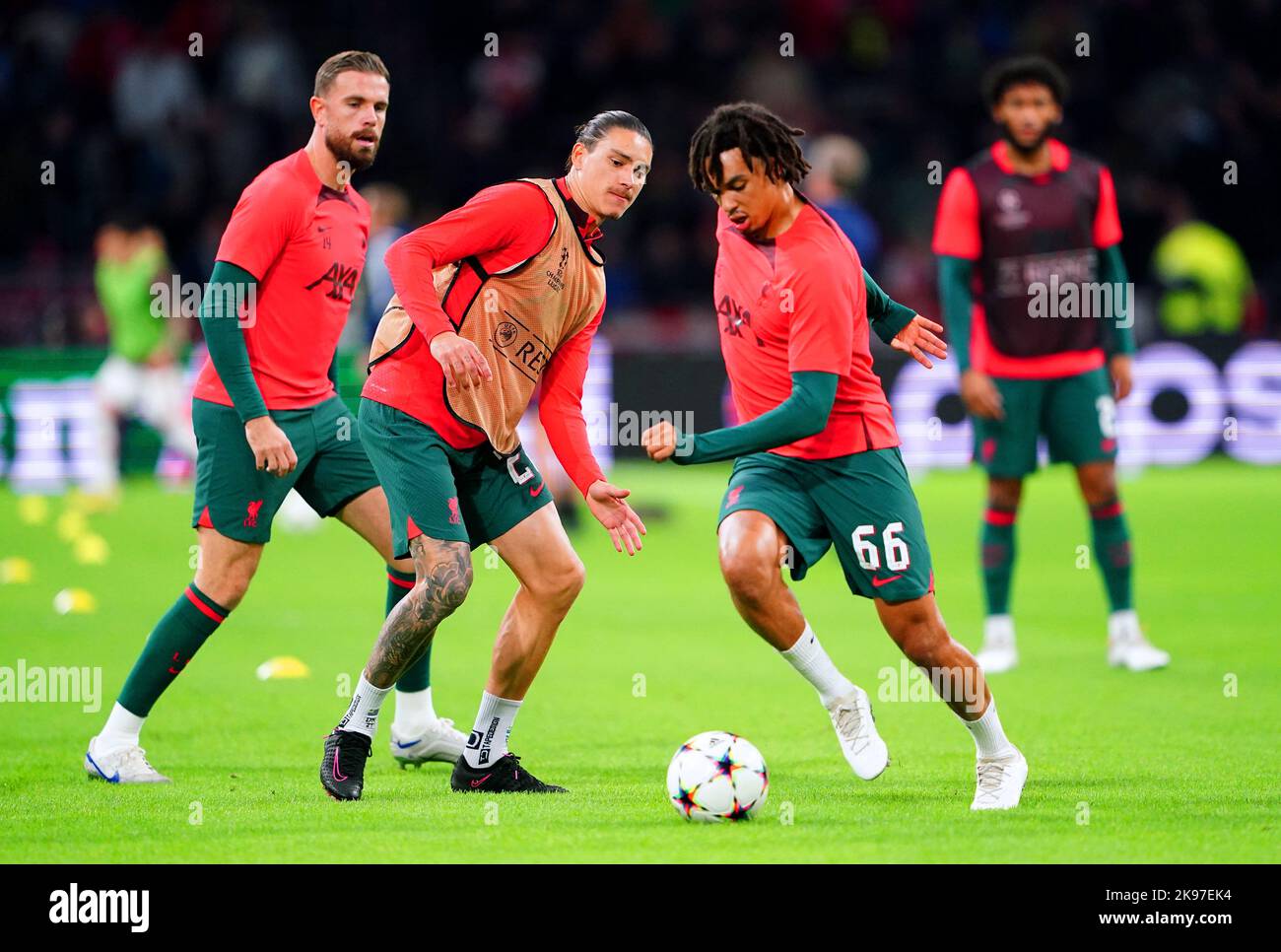 Liverpool's Trent Alexander-Arnold (right) and Darwin Nunez warm up ...