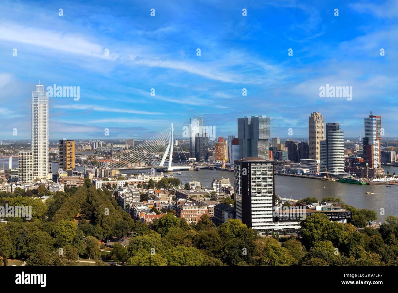 Skyline of Rotterdam city with Erasmus bridge from the Euromast tower ...