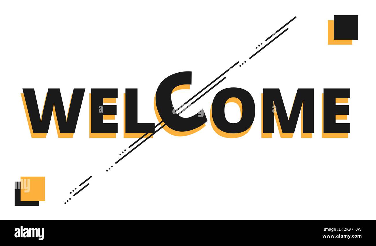 Welcome text with shadow, diagonal lines, dots and squares. Black and ...