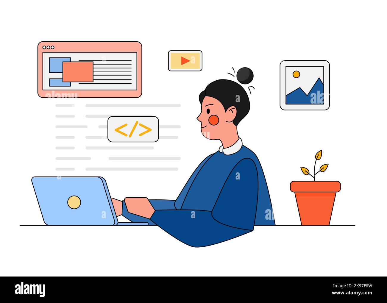 Woman Works Coding A Web Page Stock Photo Alamy