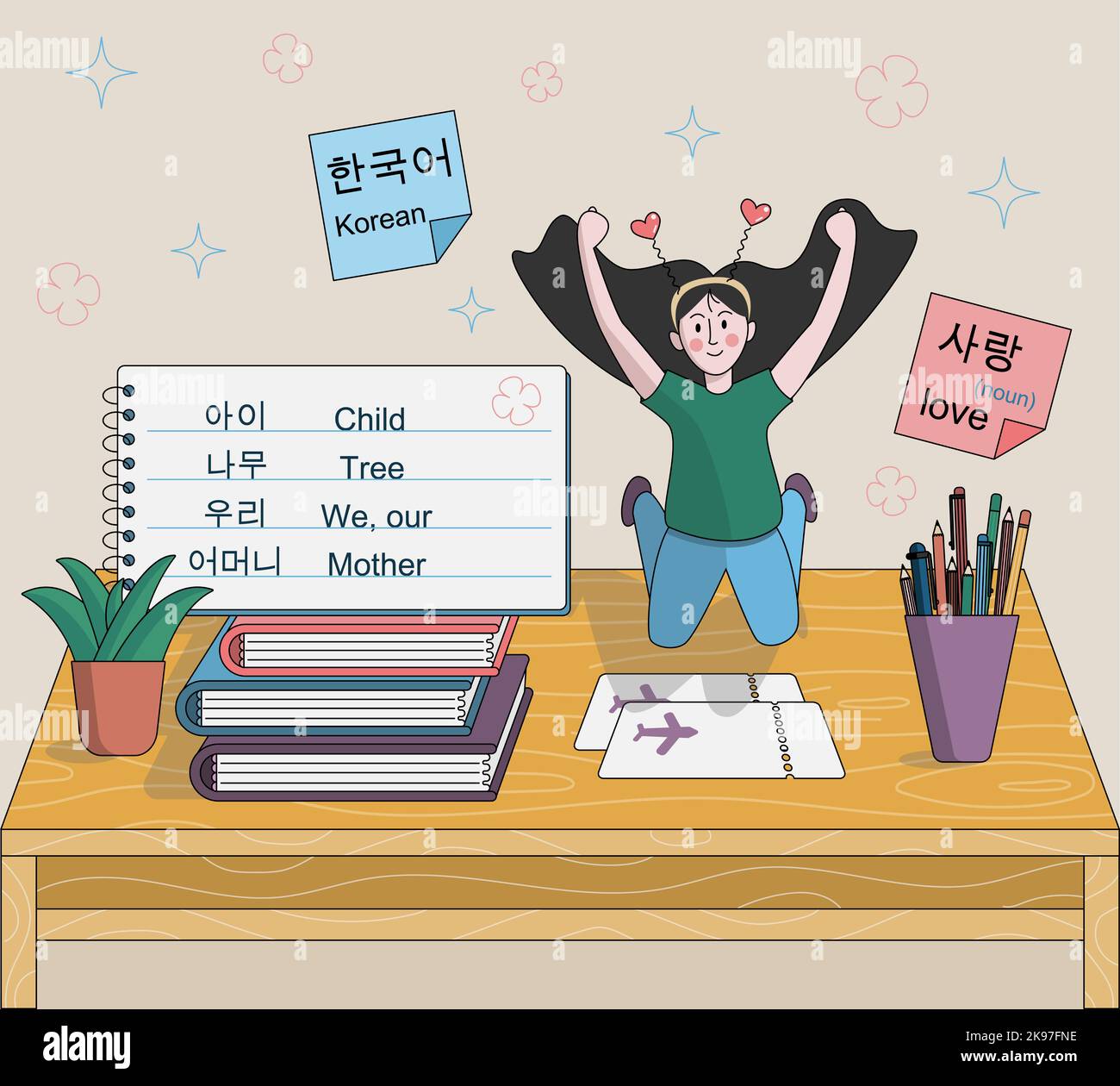 Happy learning Korean. Young girl is learning Korean language, she is ...