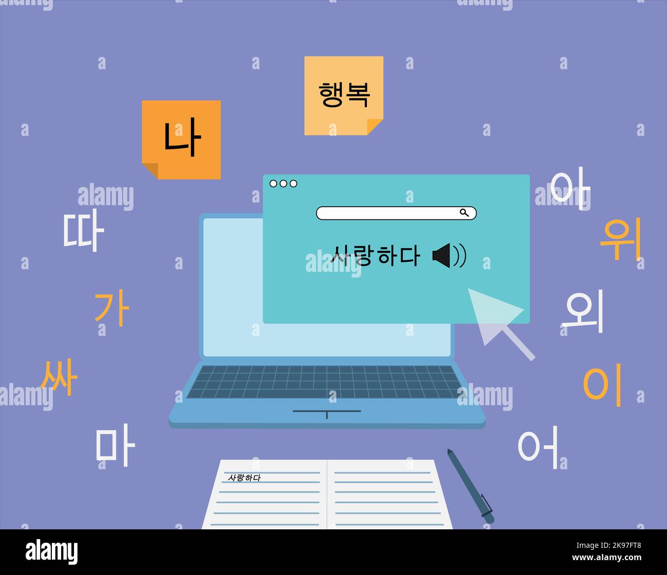 Learning Korean language, writing down words and listening their ...