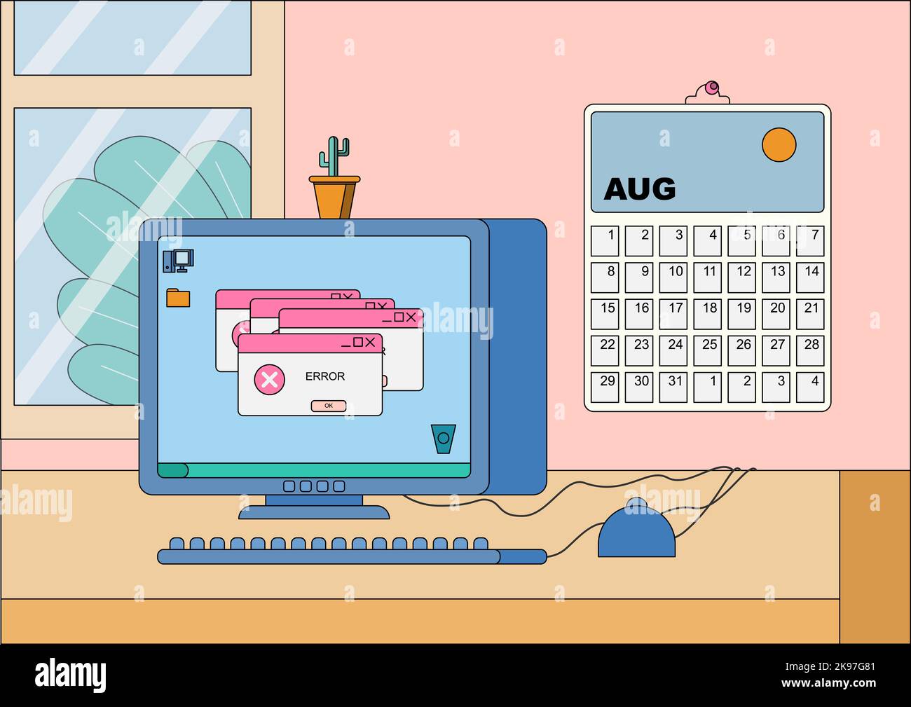 illustration with a nostalgia of old times, working desk with old ...