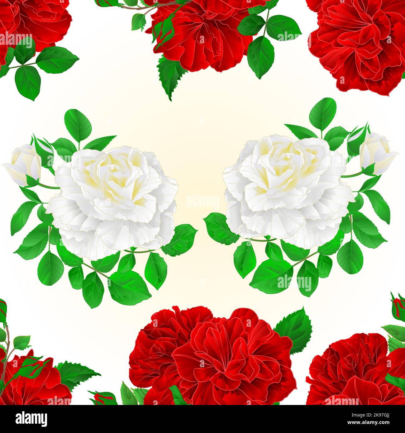 Seamless texture bunch Three red and white roses with buds vintage editable festive background ...