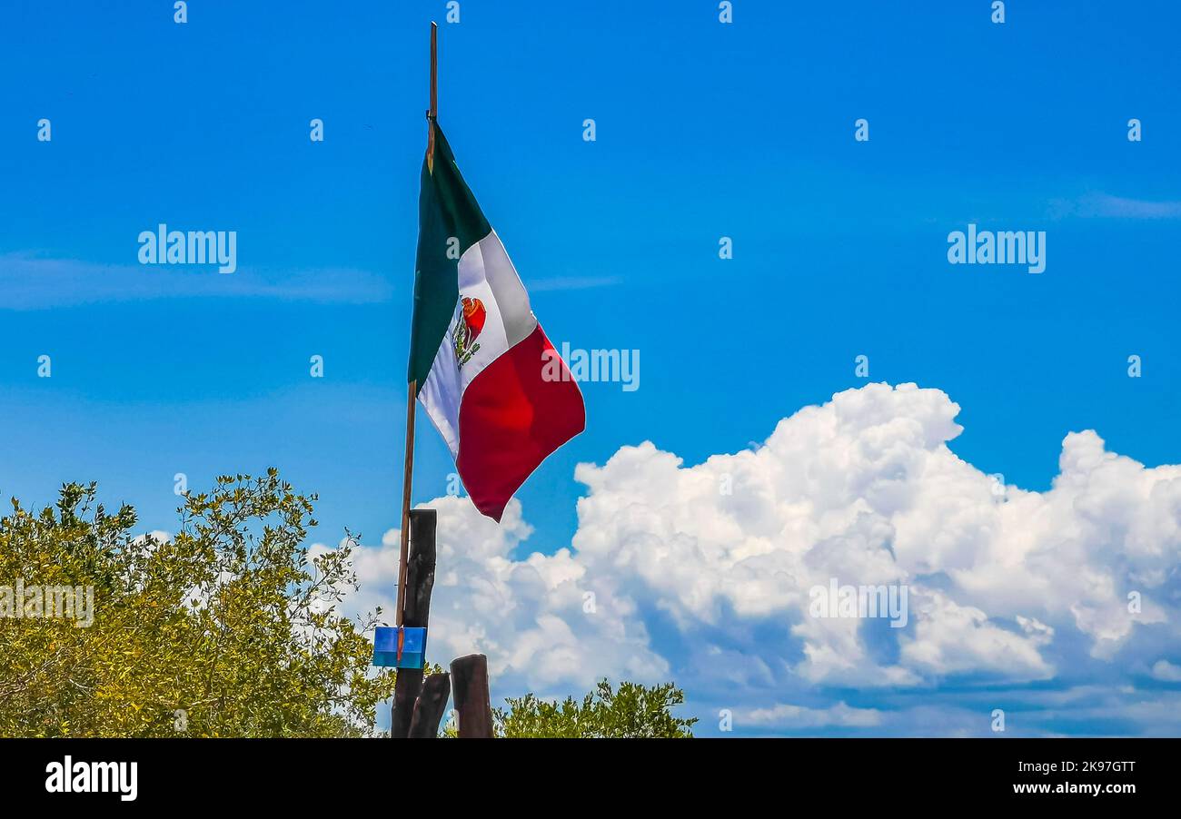 Mexican green white red flag on beautiful Holbox island with blue sky ...