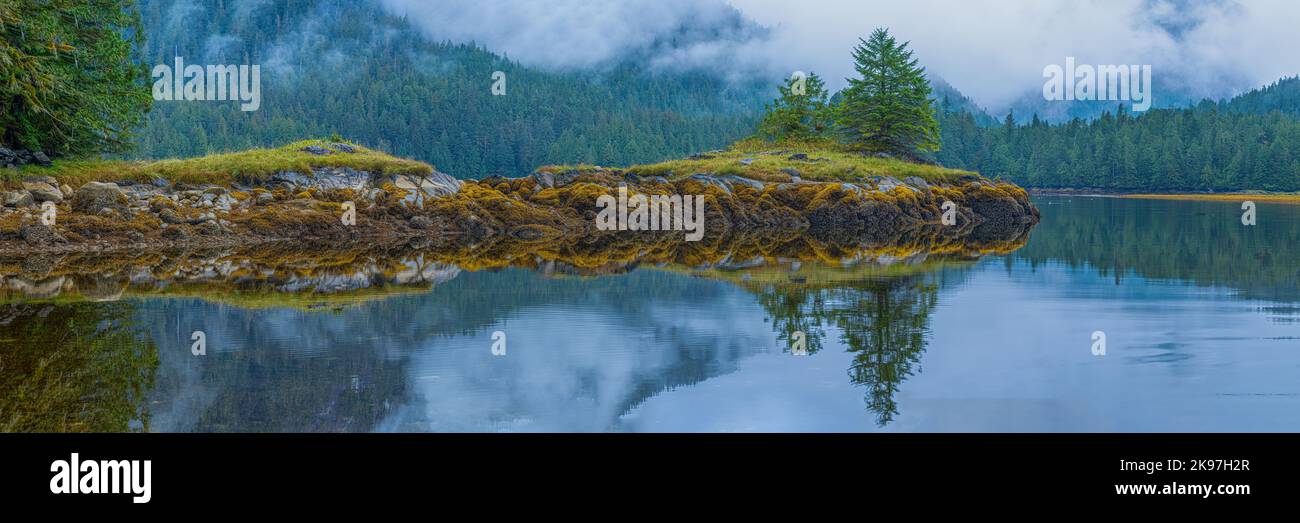 Panorama view of a beautiful calm scene of the forested shoreline ...