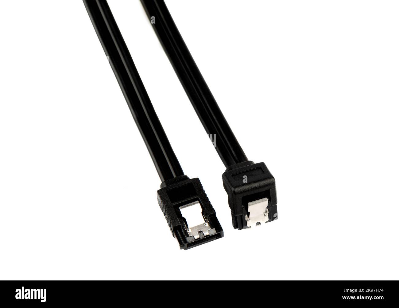Black cable with SATA connectors isolated on white background. Copy ...
