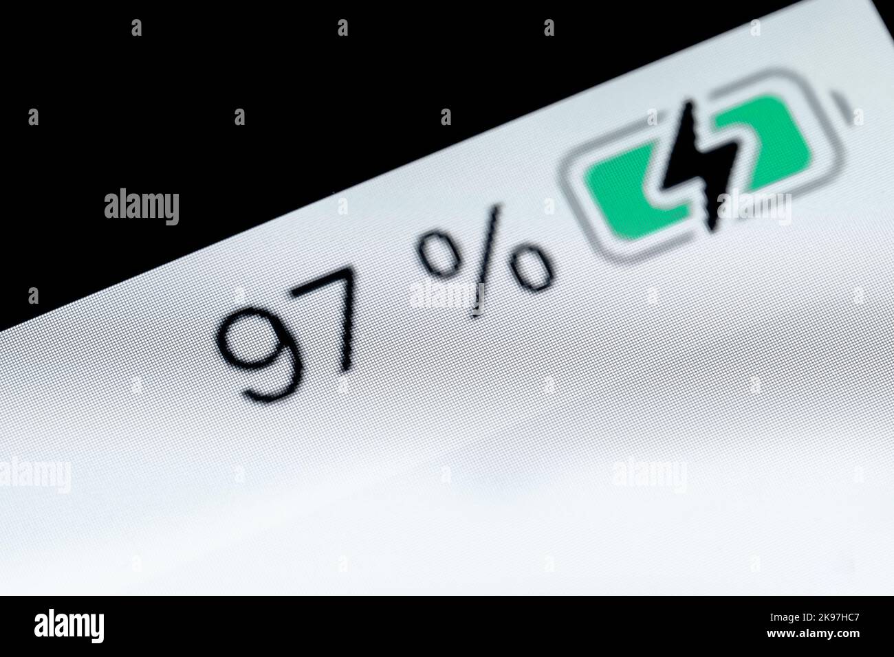 Smartphone charged battery level indicator - 97 percent: close up macro ...
