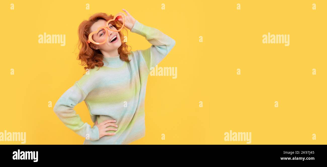 Girl with funny party glasses. happy redhead woman wear funny party ...