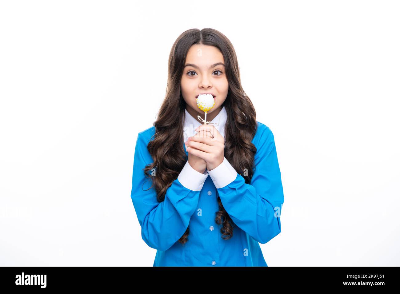 Teenager girl eating sugar lollypop. Candy and sweets for kids. Child ...