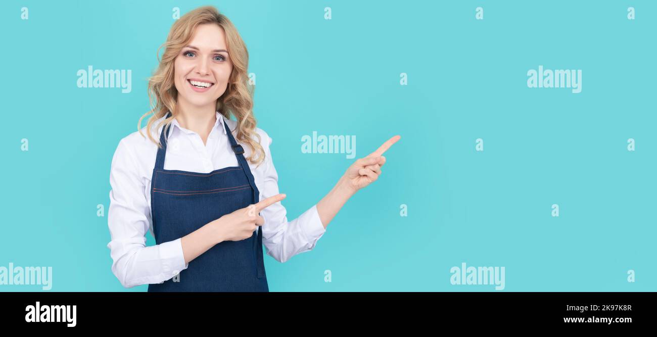 Woman isolated face portrait, banner with mock up copy space. housewife express happiness ...